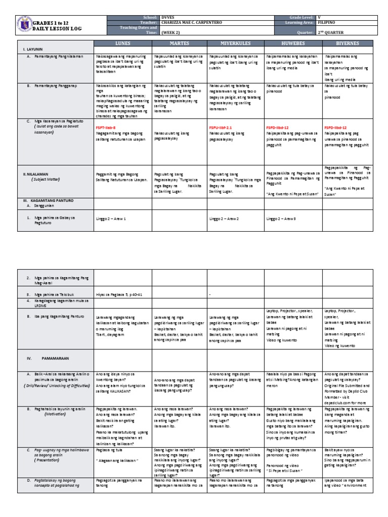 DLL Filipino 5 q2 w2 | PDF