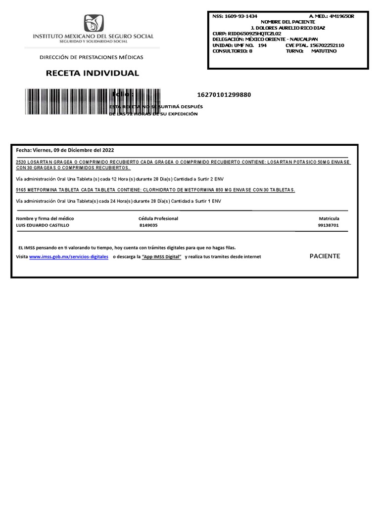 Receta IMSS: Metformina y Losartán | PDF