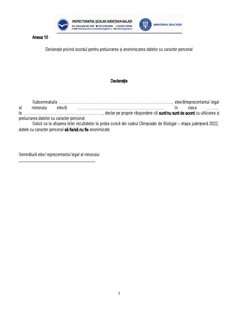 Anexa 10-Declaratie Prelucrare Date Cu Caracter Personal - Elevi OJB 2022 3 | PDF