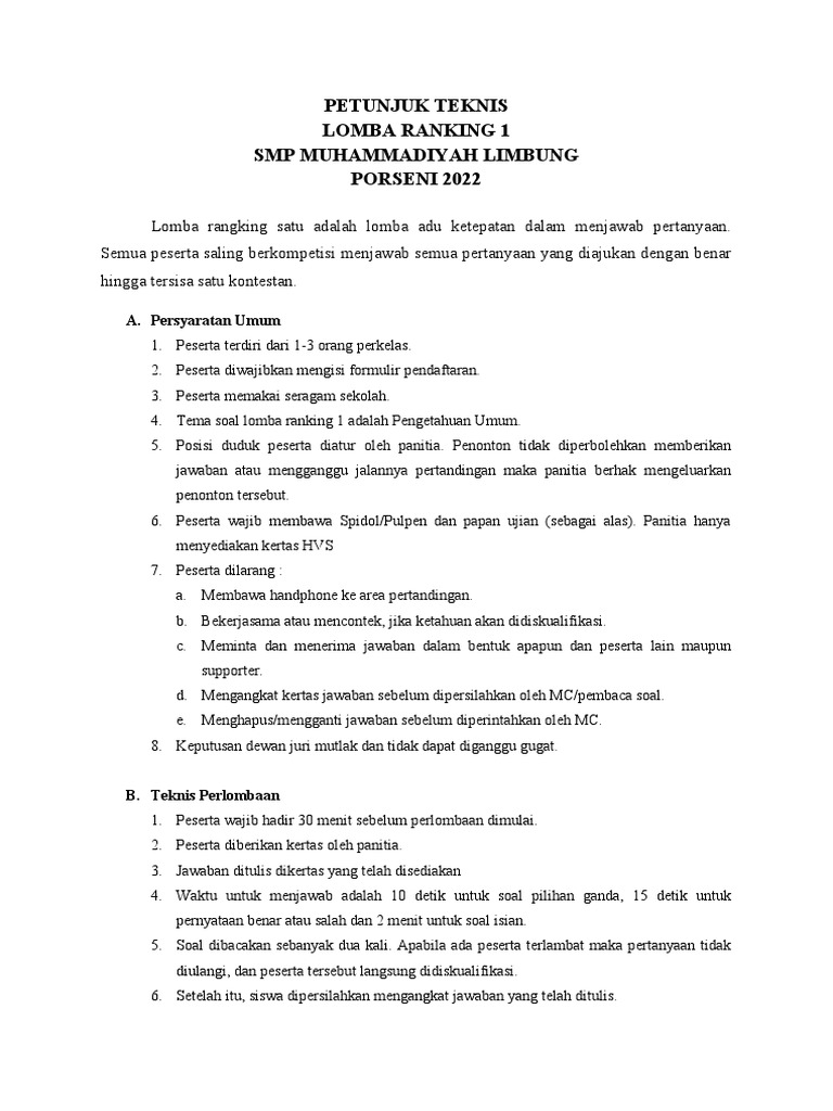Petunjuk Teknis Lomba Ranking 1 | PDF
