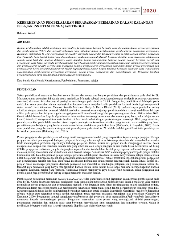 KEBERKESANAN PEMBELAJARAN BERASASKAN PERMAINAN DALAM KALANGAN Pelajar | PDF