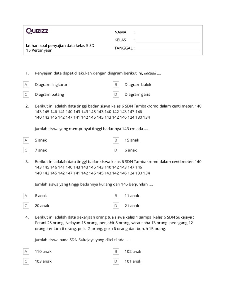 Latihan Soal Penyajian Data Kelas 5 SD | PDF Latihan Soal Penyajian Data Kelas 5 SD | PDF