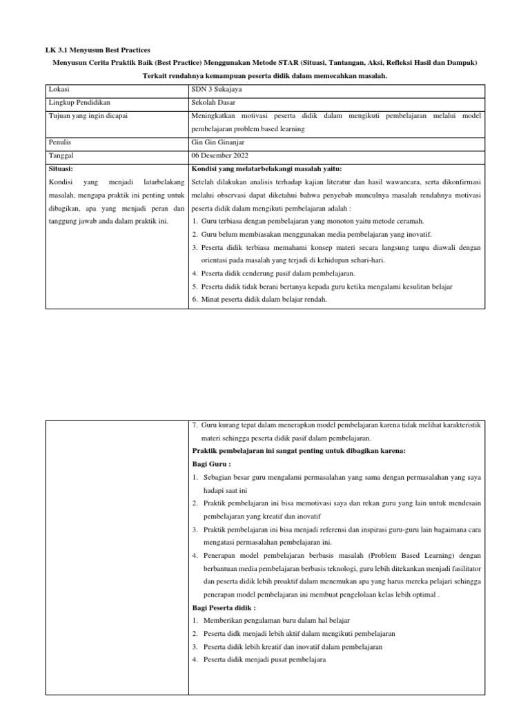 LK. 3.1 Penyusunan Hasil Best Practice Menggunakan Metode STAR | PDF ...