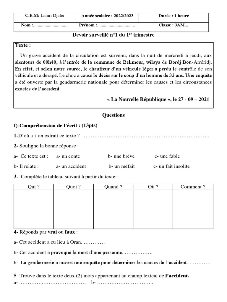 Devoir sur un accident en 3AM | PDF | Méthodes et références ...