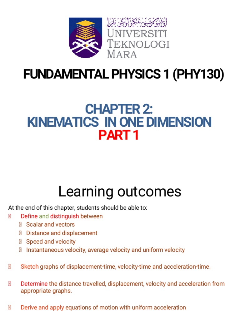 Chapter 2 Kinematic in 1D (Part 1) (PHY 130) | PDF | Velocity ...
