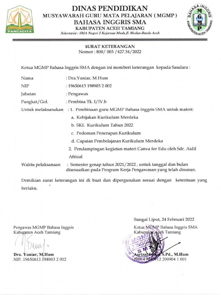 Surat Keterangan MGMP | PDF