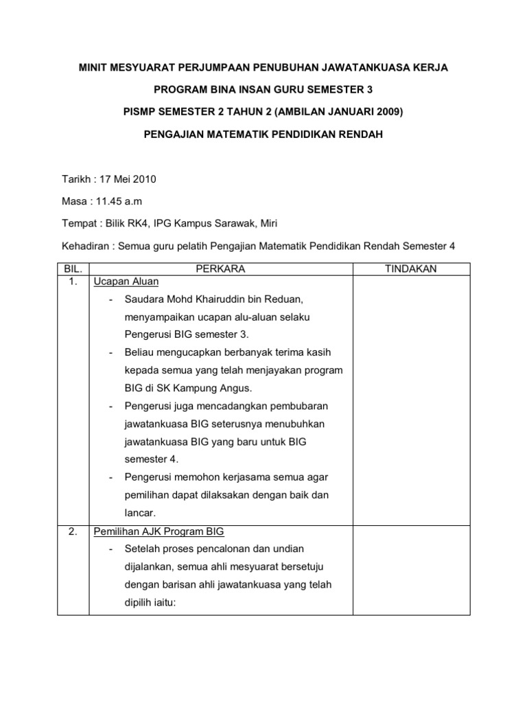Minit Mesyuarat An Penubuhan Jawatankuasa Kerja | PDF