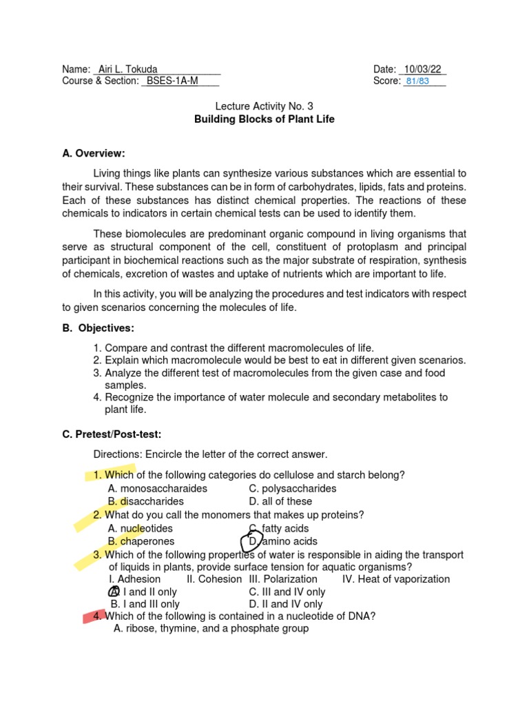 Lecture Activity No. 3 Molecules of Plant Life Cheked | PDF | Rna | Water