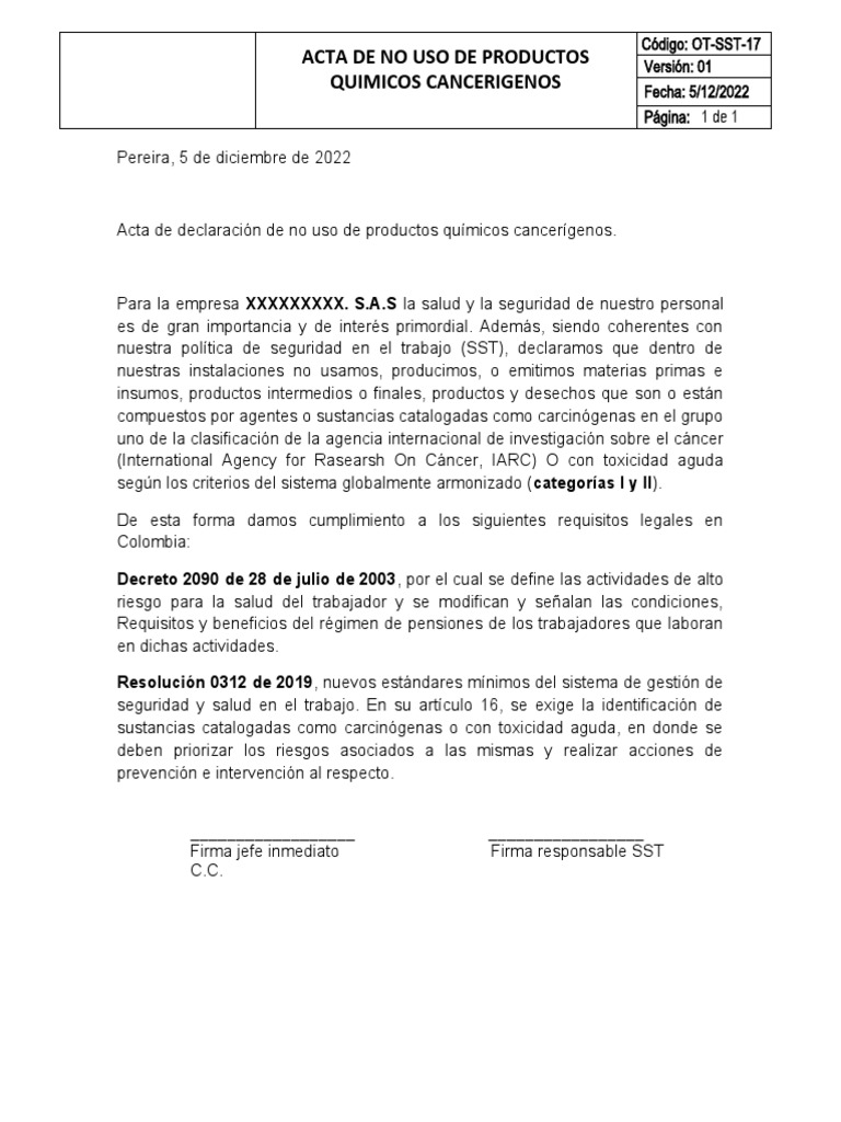 OT-SST-37 Acta de No Uso de Productos Quimicos Cancerigenos | PDF