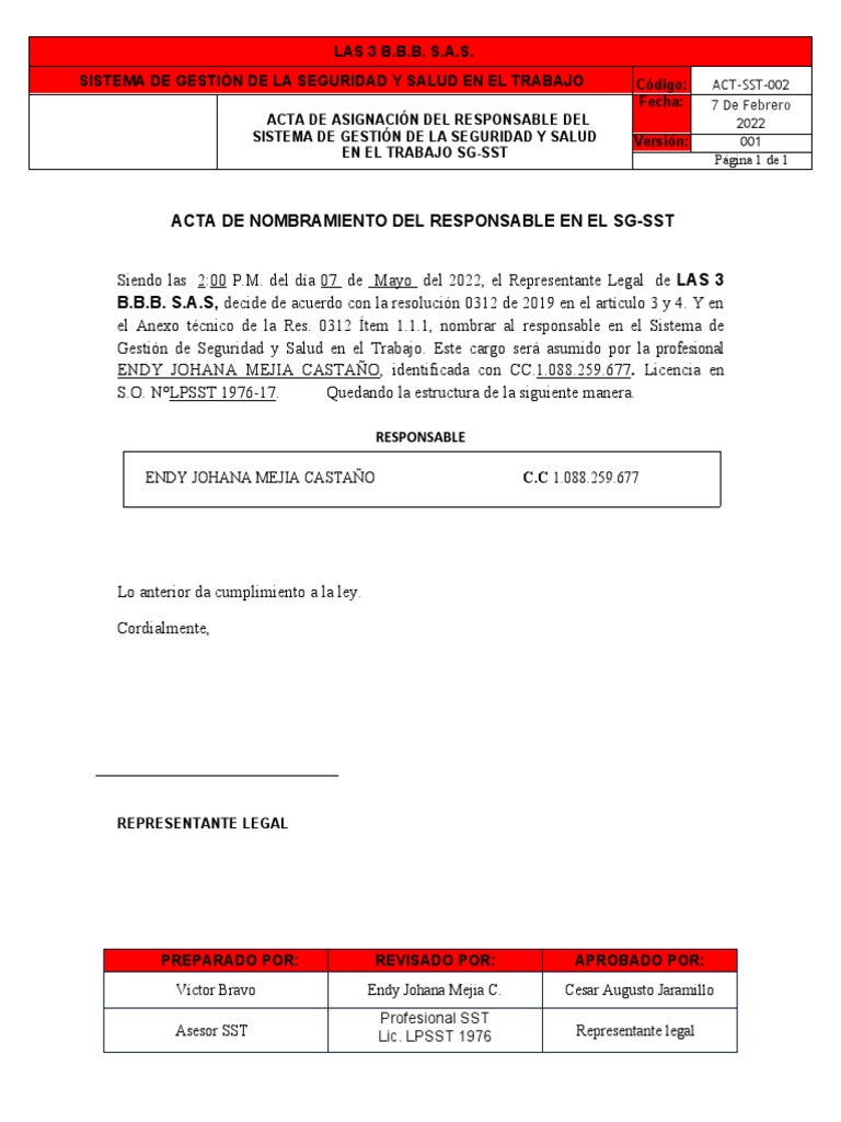 ACT-SST-002 Acta de Asignacion Del Responsable SGSST | PDF | Gobierno