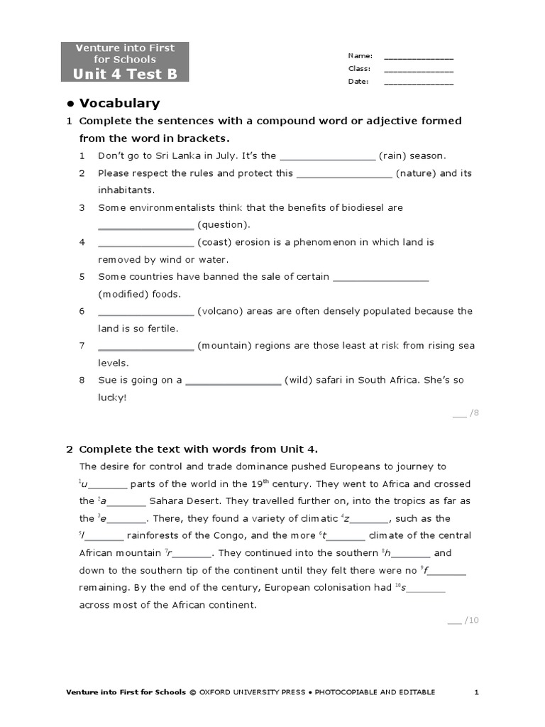 Venture First Schools Unit Test 4b | PDF | Africa | Earth Sciences