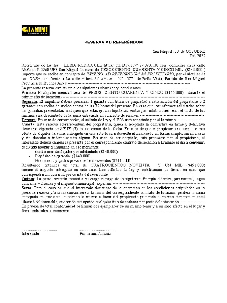 Modelo Reserva de Alquiler | PDF