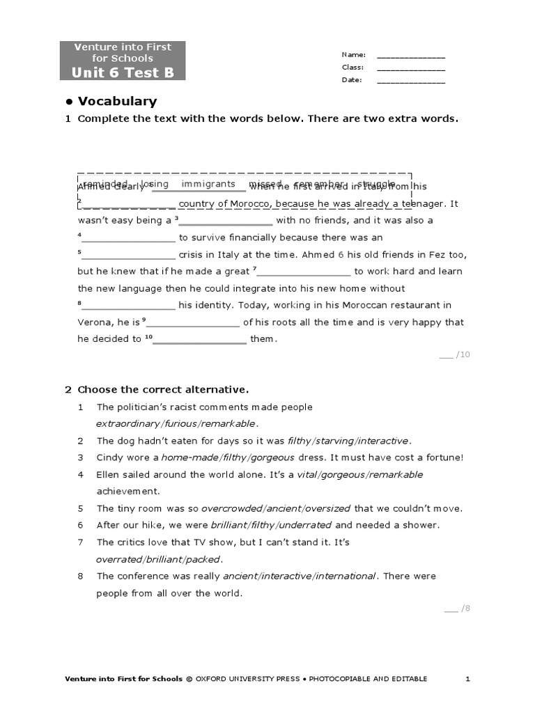 Venture First Schools Unit Test 6b | PDF