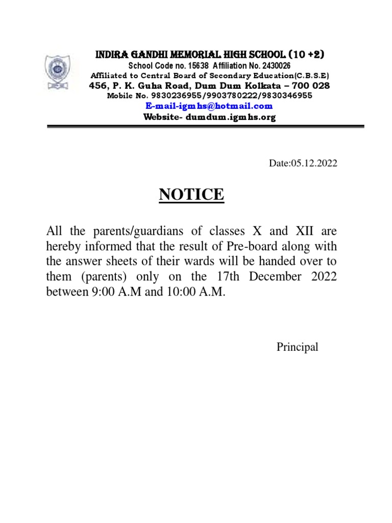 Notice For X & XII-Pre-board Result Distribution | PDF