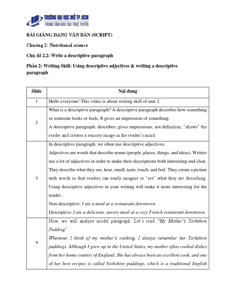How to write a descriptive paragraph using adjectives | PDF | Foods ...