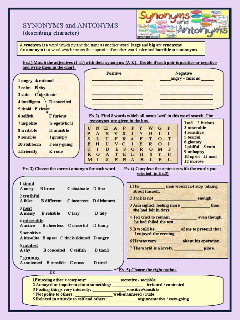 Synonyms and Antonyms for Character Descriptions | PDF