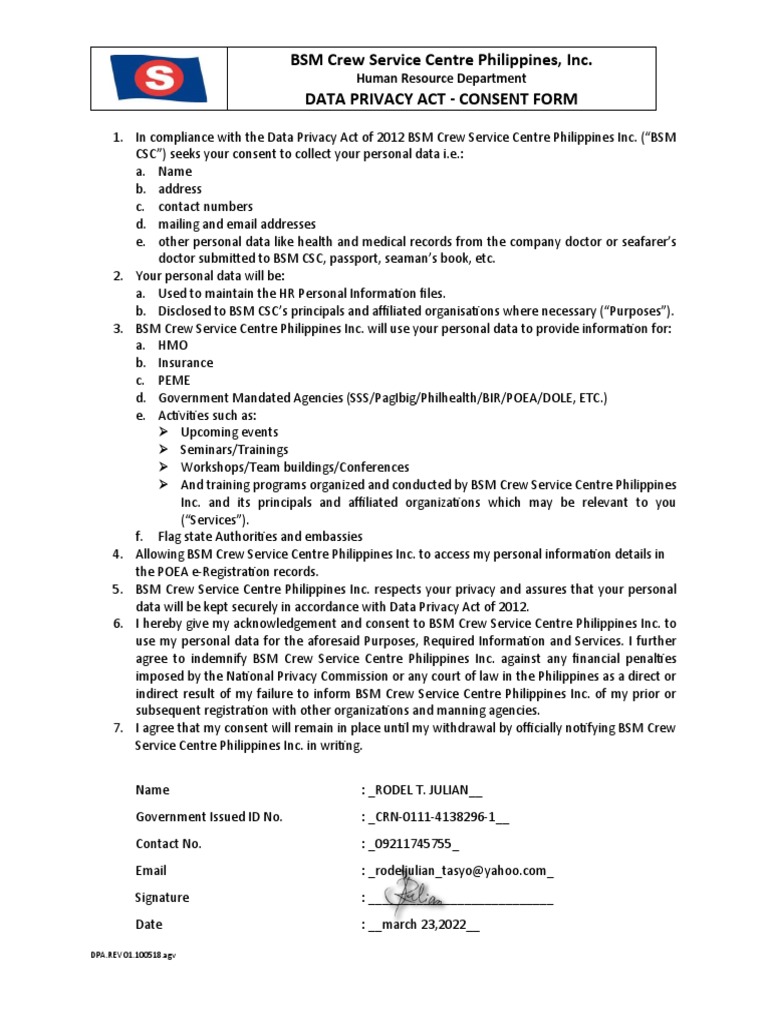 DATA PRIVACY ACT CONSENT FORM - Amended01 | PDF | Privacy | Information ...