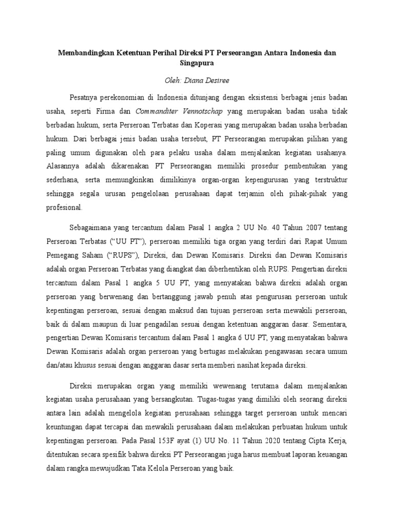 Perbandingan Ketentuan PT Perseorangan Di Indonesia Dan Singapura | PDF