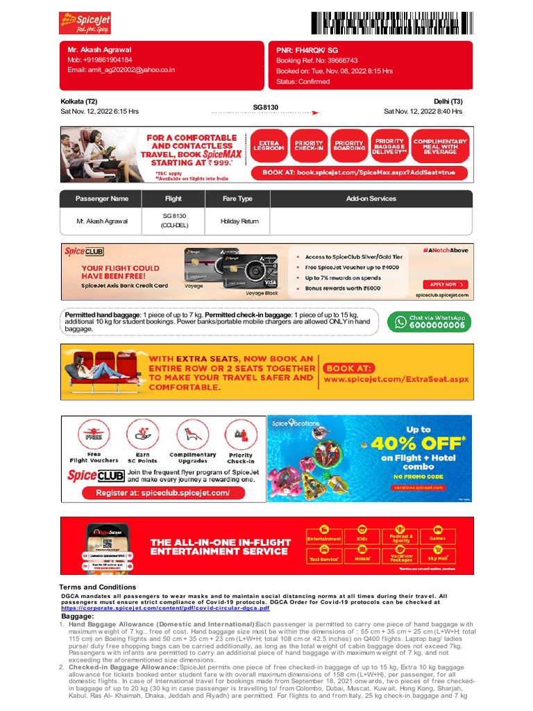 SpiceJet - E-Ticket - PNR - FH4RQK 12 Nov 2022 Kolkata-Delhi For MR ...