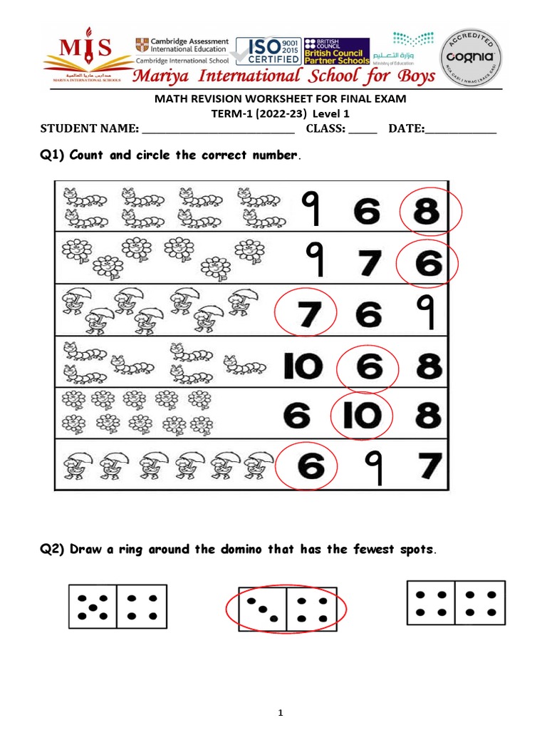 Math Answer Revision Worksheet TERM 1 EXAM | PDF