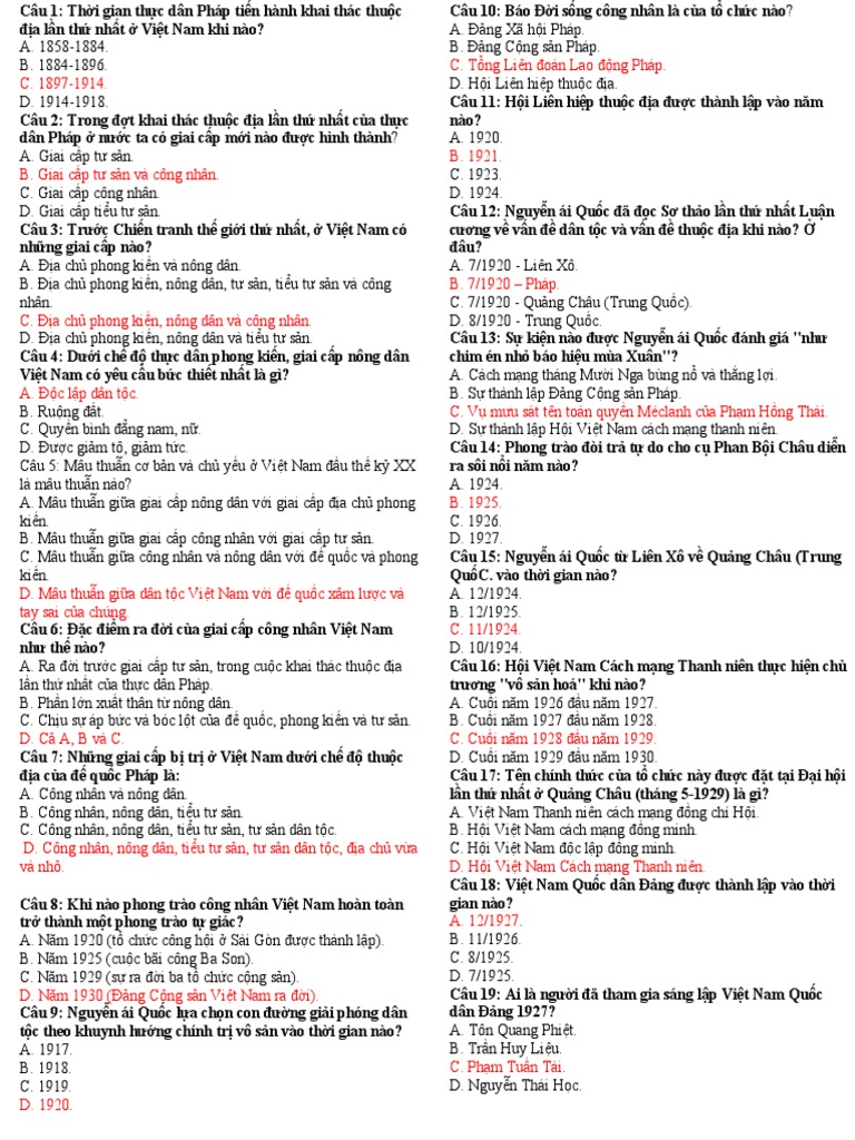Câu hỏi trắc nghiệm - Học phần Lịch sử Đảng CSVN. gửi SV | PDF