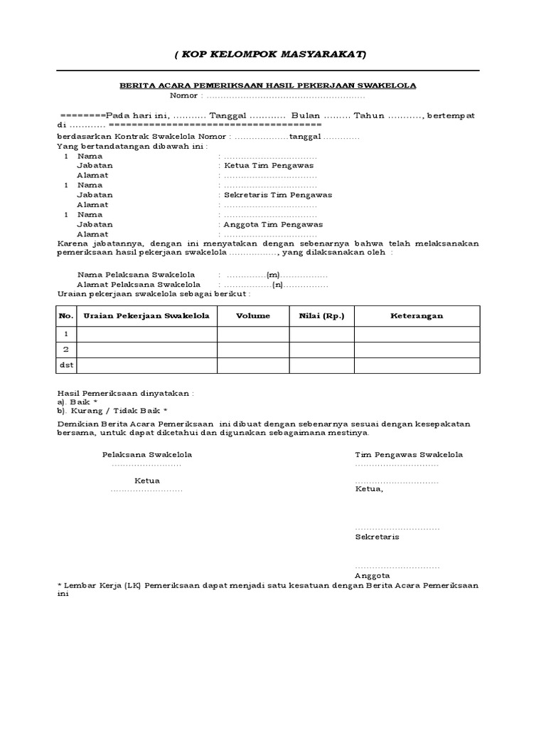 Berita Acara Pemeriksaan Tim Pengawas Swakelola Tipe IV | PDF