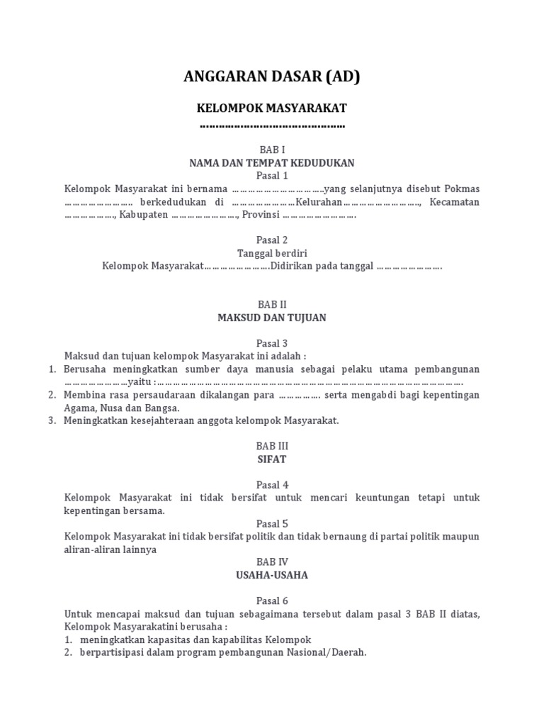 Contoh AD/ART Kelompok Masyarakat | PDF