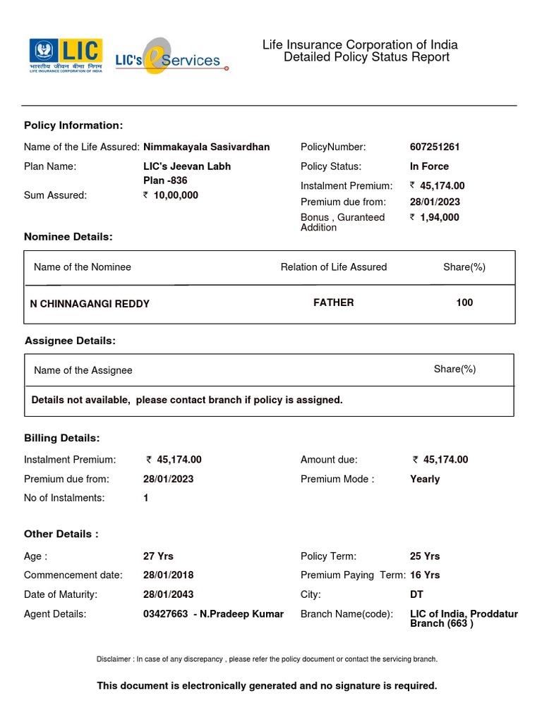 Life Insurance Corporation of India Detailed Policy Status Report | PDF ...