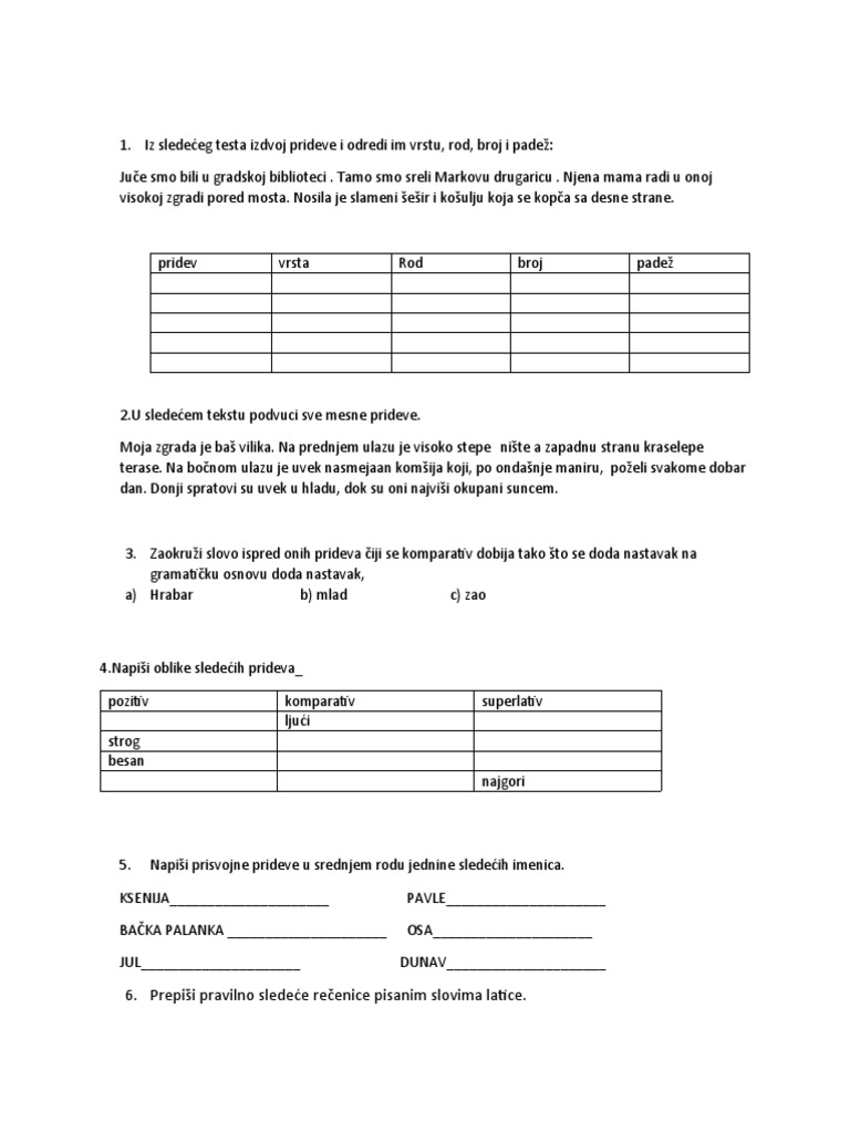 Pridevi Test 5. Priprema Za Test | PDF