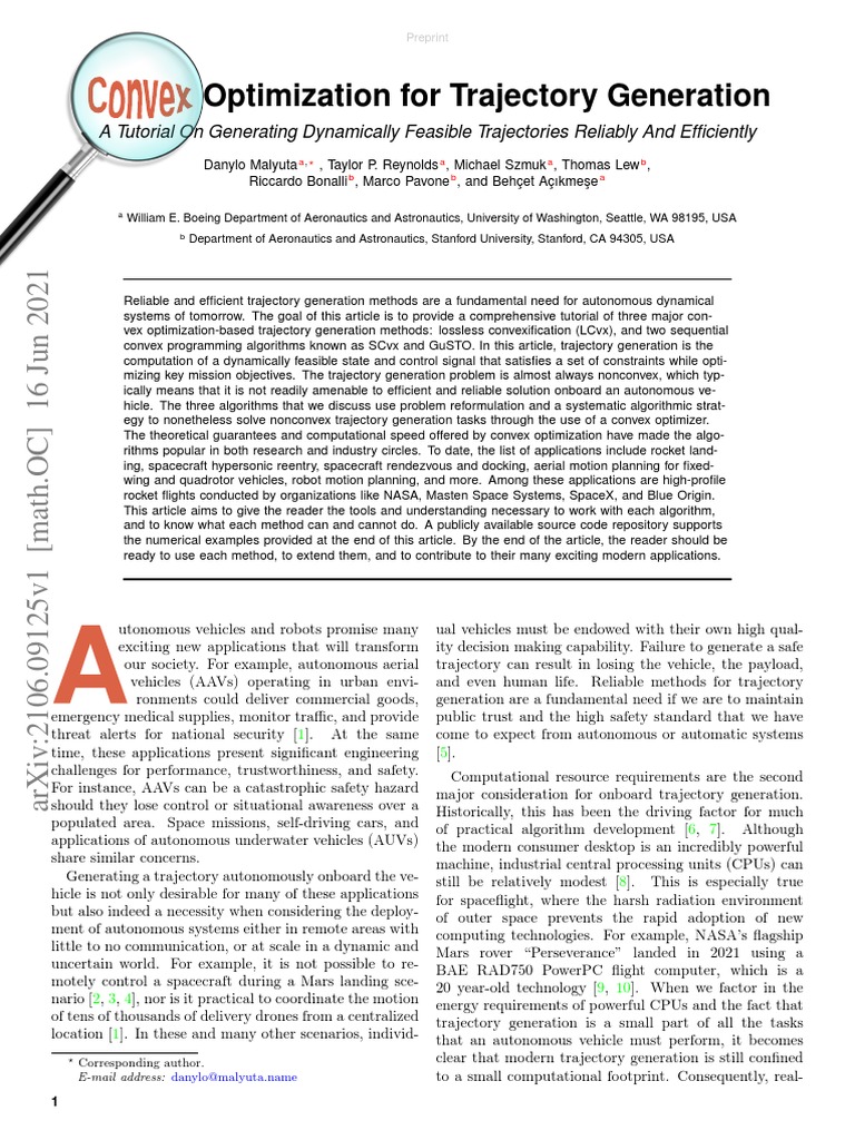 Optimization For Trajectory Generation: Convex | PDF | Mathematical Optimization | Matrix ...