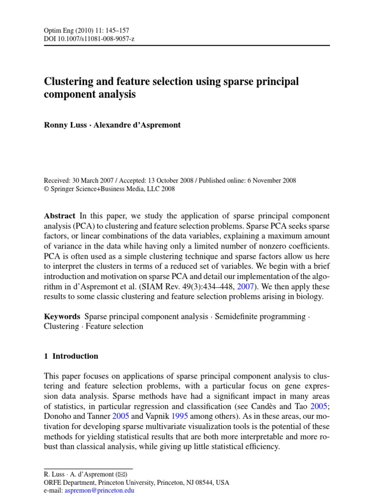 Clustering and Feature Selection Using Sparse Principal Component Analysis | PDF | Principal ...