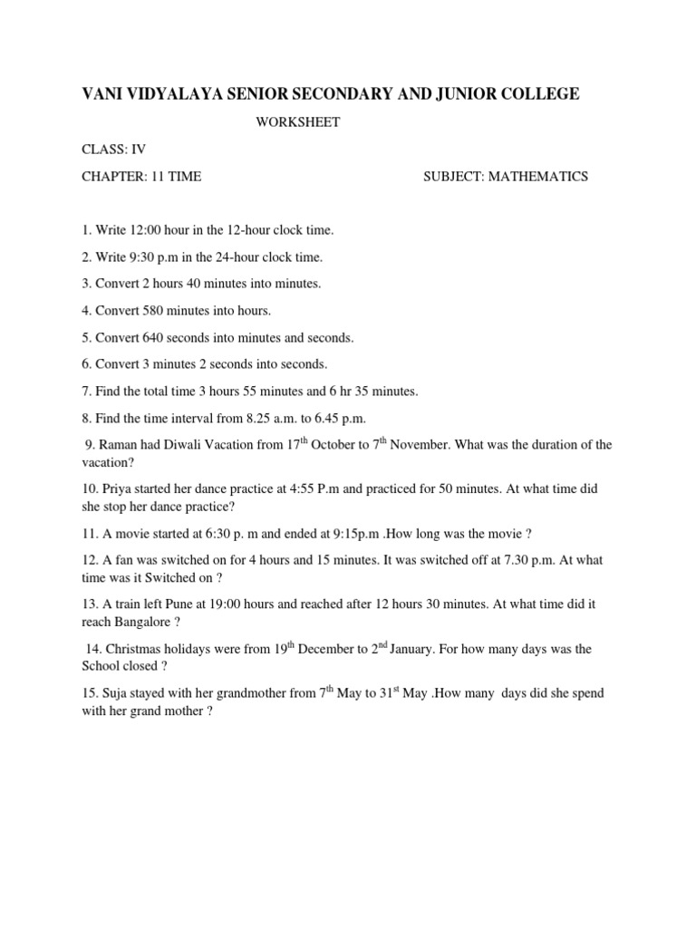 Class 4 Time Worksheet with Answers | PDF