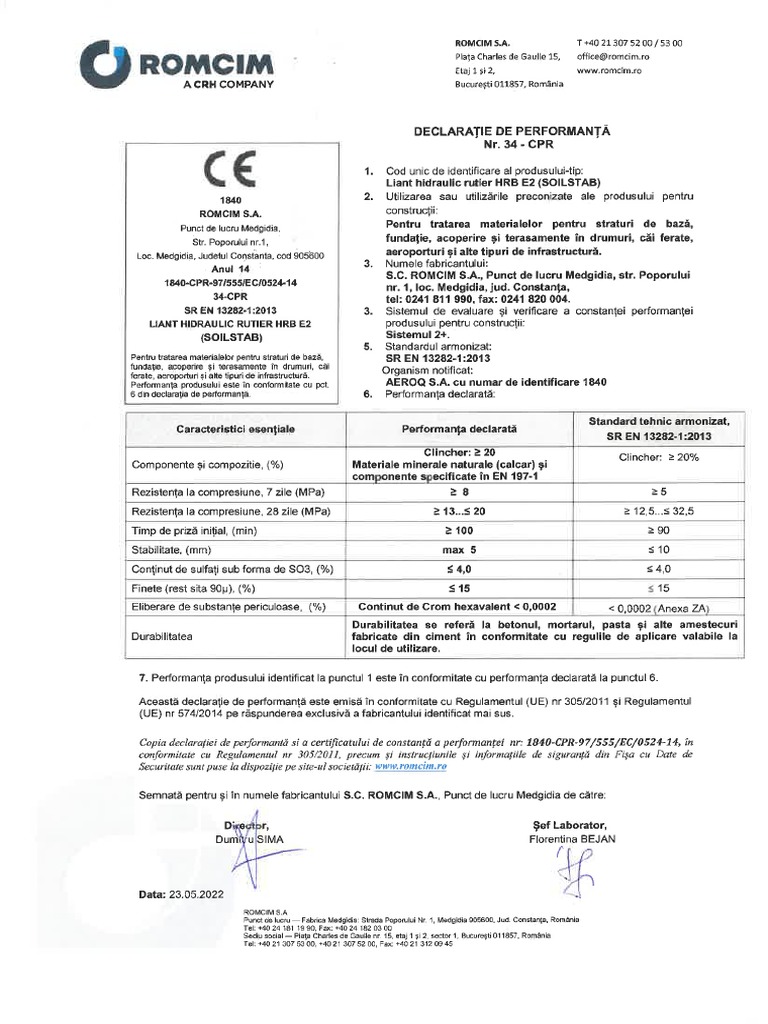 M Declaratie de Performanta HRB E2 SOILSTAB 2022 | PDF