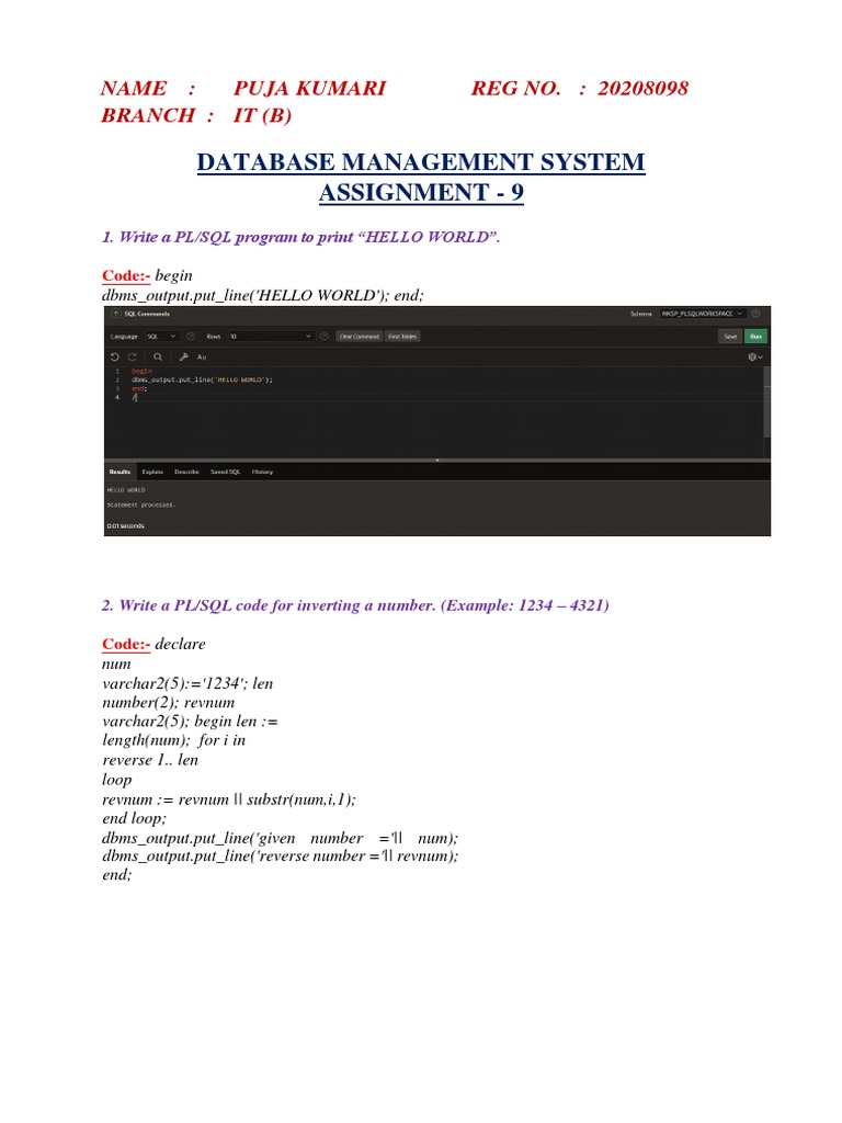 DBMS Lab-9 - 20208098 | Download Free PDF | Pl/Sql | Software Engineering