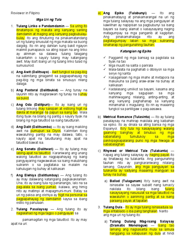 Reviewer in Filipino | PDF