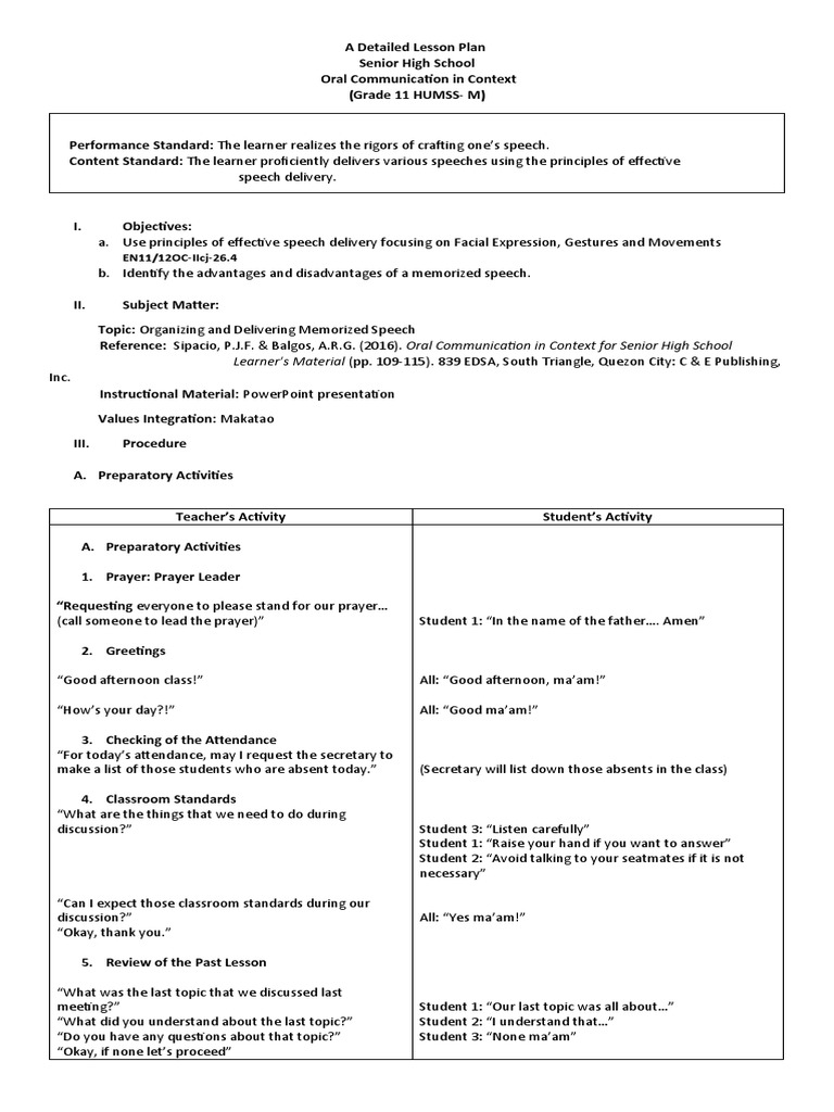 A Detailed Lesson Plan in Oral Communication | PDF | Lesson Plan | Gesture