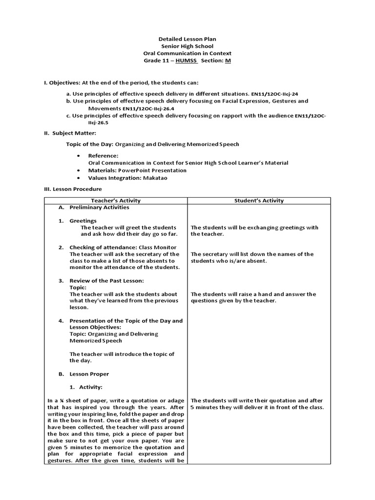Grade 11 Speech Delivery Lesson Plan | PDF | Teachers | Lesson Plan