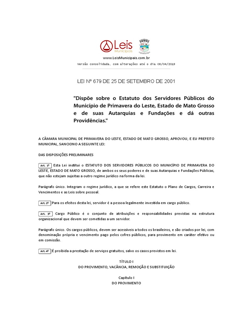 Estatuto Do Servidor (Funcionário) Público de Primavera Do Leste - MT ...