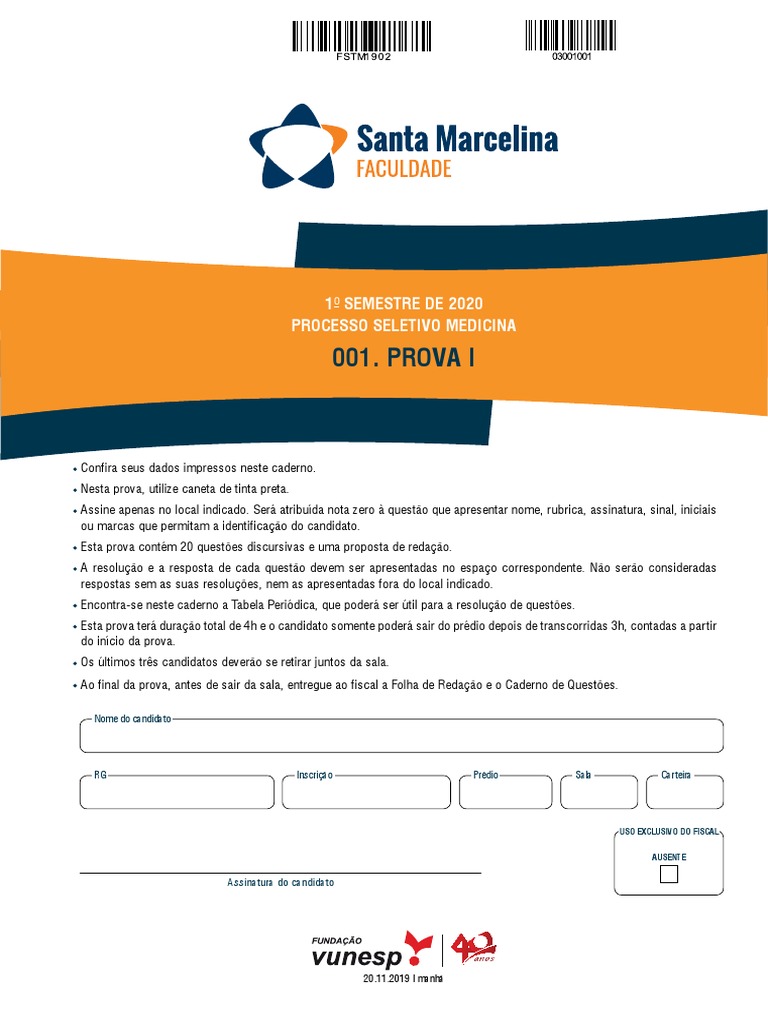 Santa Marcelina - Prova I 2020 | PDF | Queijo | Química