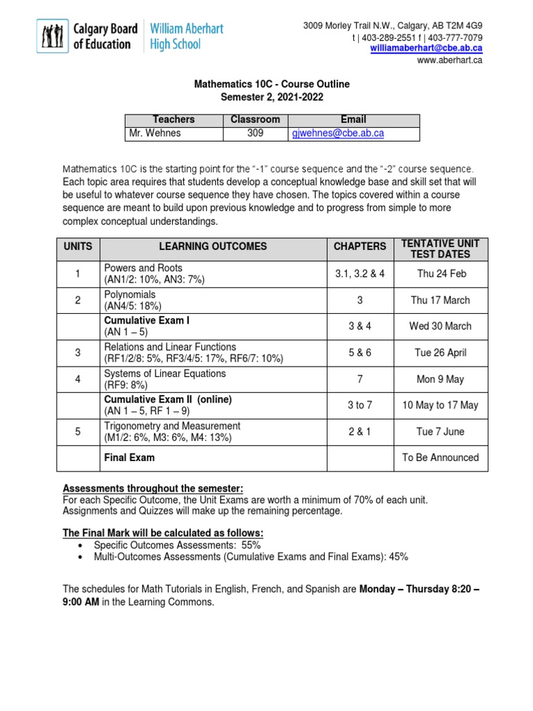 Math 10C Course Outline | PDF | Equations | Trigonometric Functions