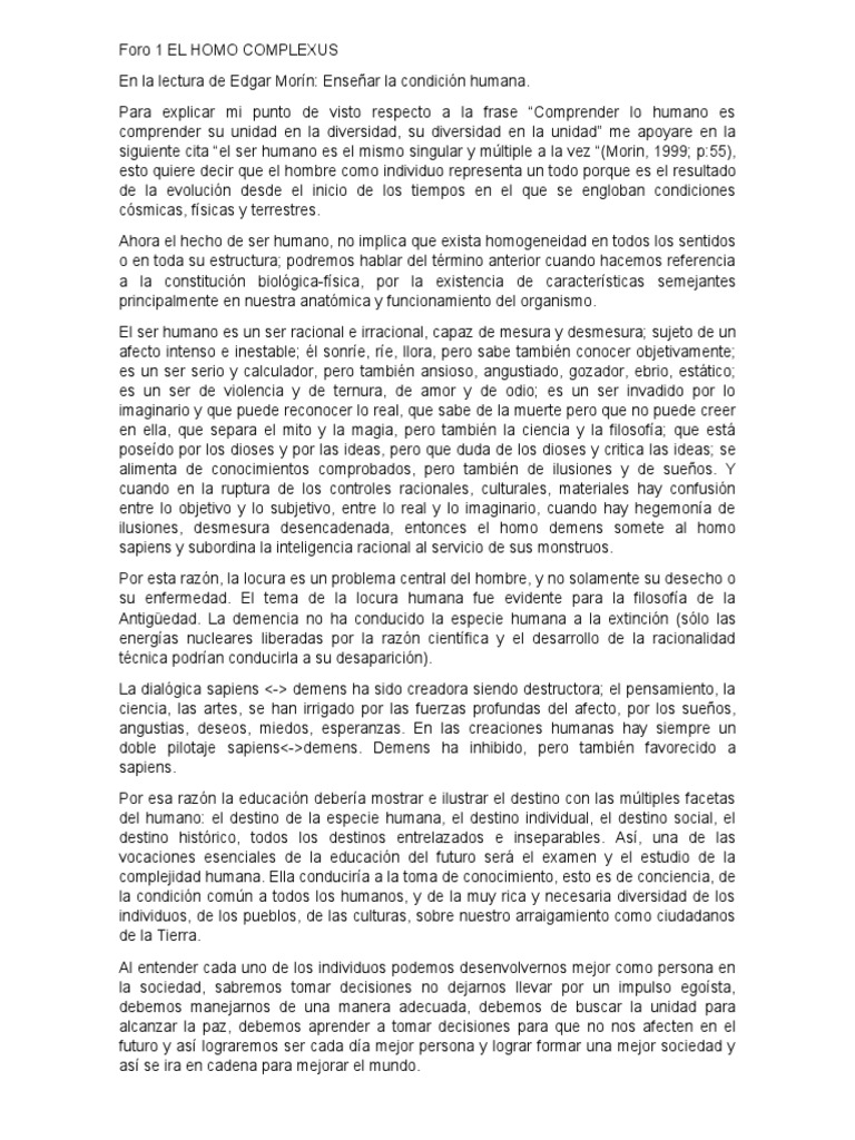 Foro 1 EL HOMO COMPLEXUS | PDF | Racionalidad | Existencia