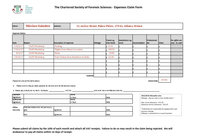 CSFS Expenses Claim Form - 1st April 2015 | PDF | Business | Banking
