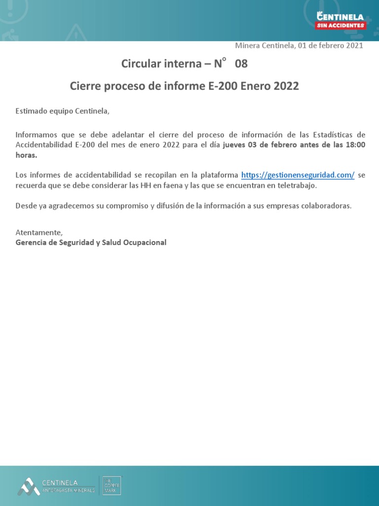 Circular Interna 08 - Cierre Estadística Accidentabilidad E200 SIMIN. | PDF