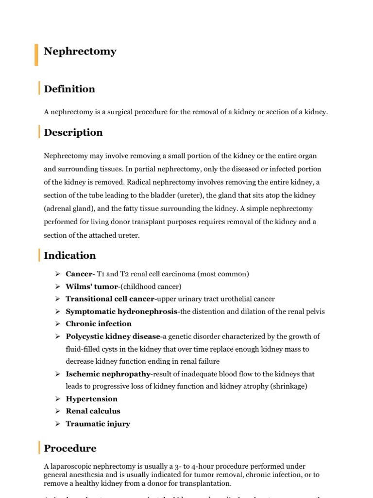 Nephrectomy Procedure Overview | PDF | Kidney | Surgery