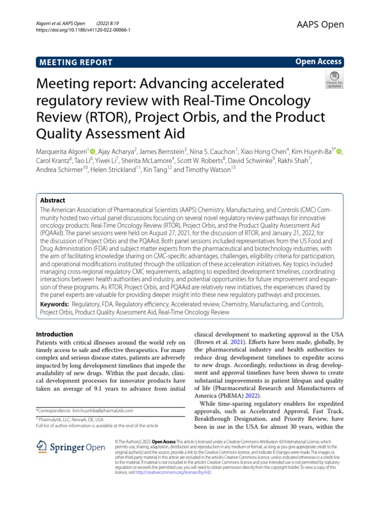 Meeting Report: Advancing Accelerated Regulatory Review With Real-Time Oncology Review (RTOR ...