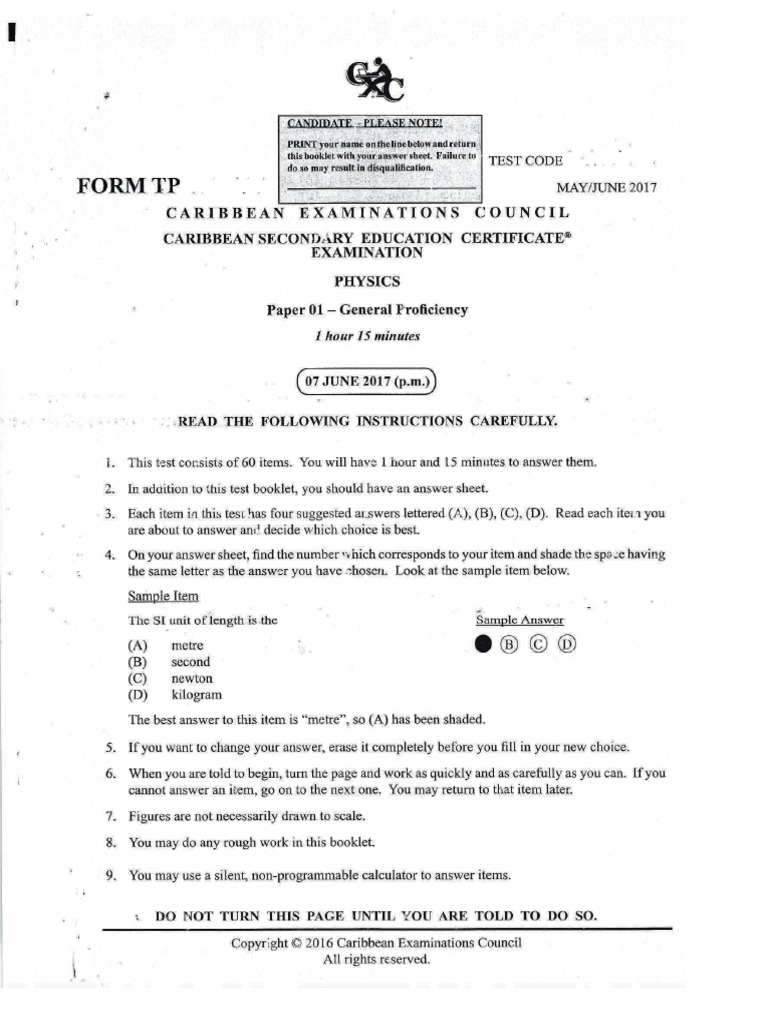 CSEC Physics June 2017 P1 Answers | PDF