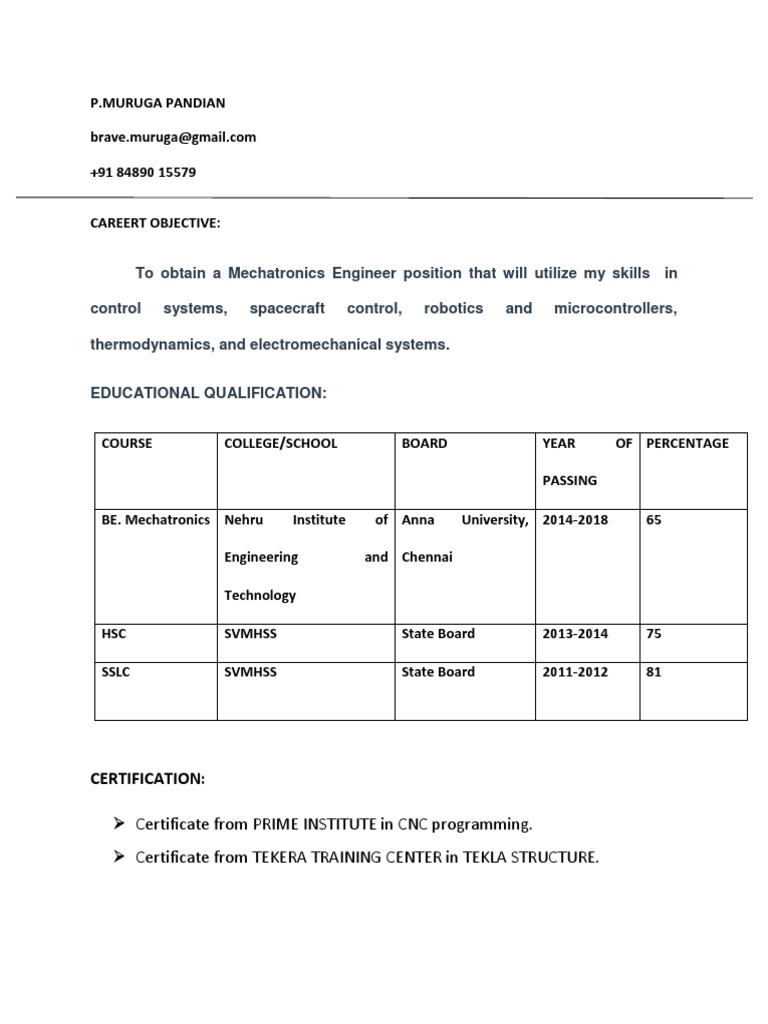 Mechatronics Engineer Resume | PDF