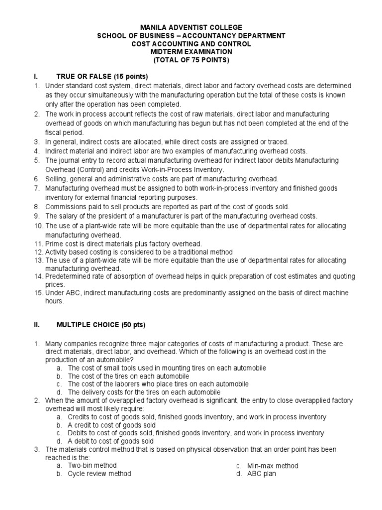 Cost Accounting Midterm Exam Guide | PDF | Cost Of Goods Sold | Inventory