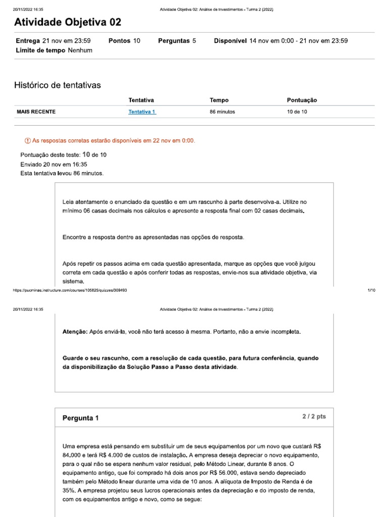 Atividade Objetiva 02 - Análise de Investimentos - Turma 2 (2022) | PDF