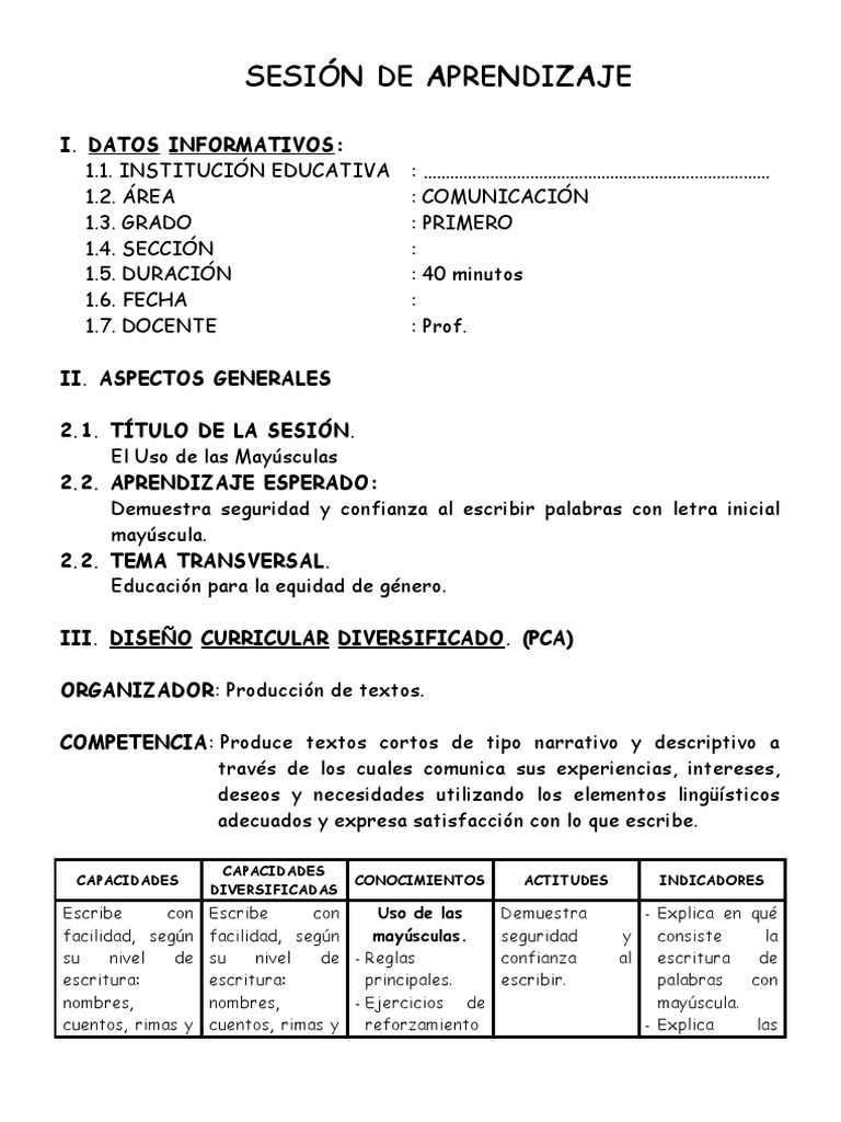 SESIÓN DE APRENDIZAJE - primariaUSO DE LAS MAYÚSCULAS 1RO | PDF | Maestros | Aprendizaje
